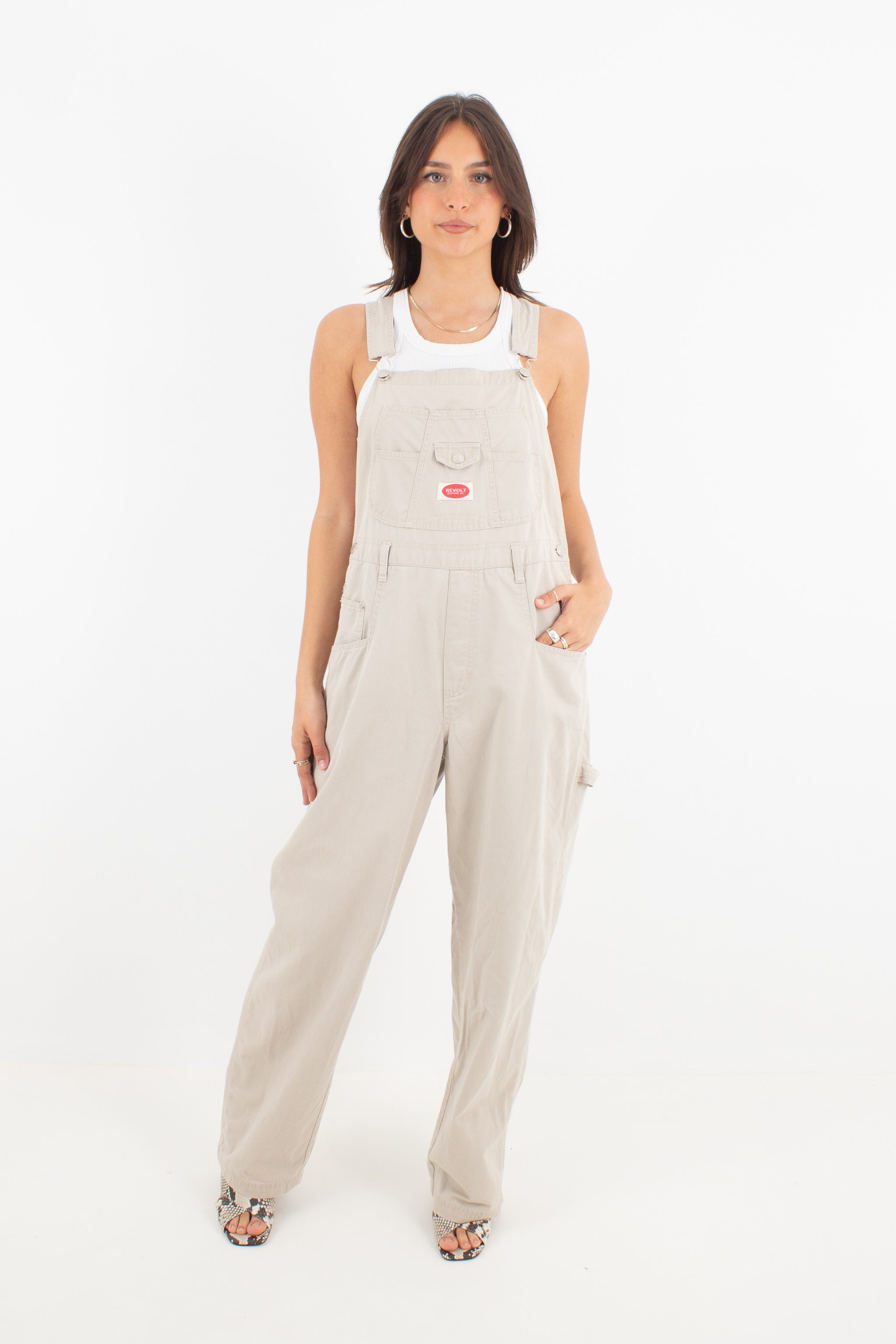Beige Long Denim Overalls - Revolt - Size M – MarlowVintage