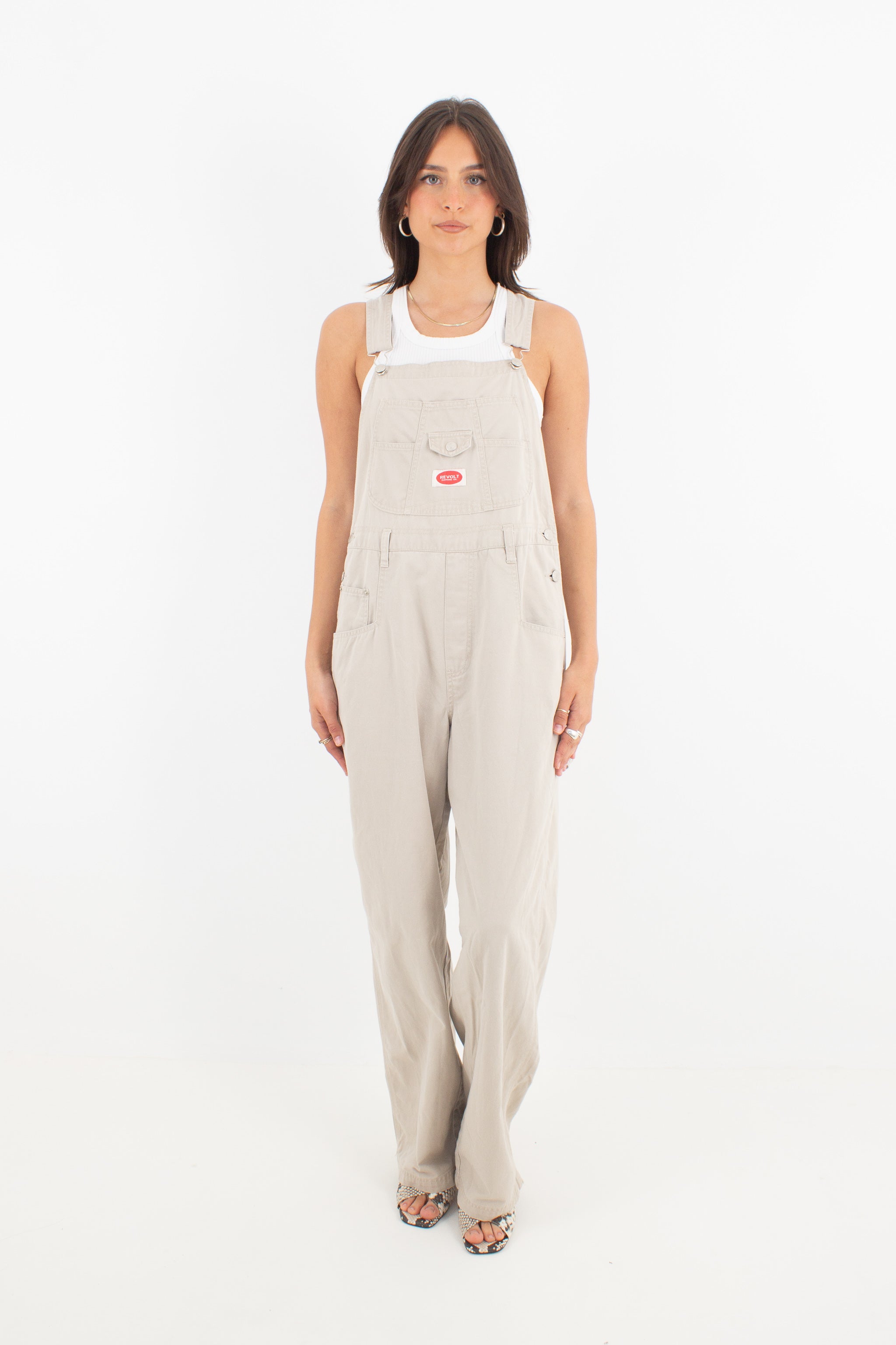 Beige Long Denim Overalls - Revolt - Size M – MarlowVintage